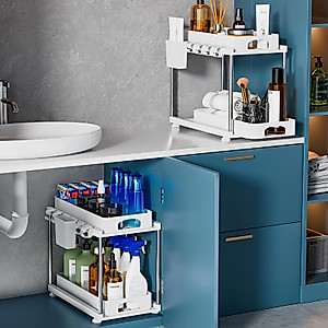 VERIFOST 2 Pack Under Sink Organizers and Storage, Double Sliding Kitchen Cabinet Organizer, 2 Tier Height Adjustable Countertop Organizer for Kitchen Bathroom Laundry, White