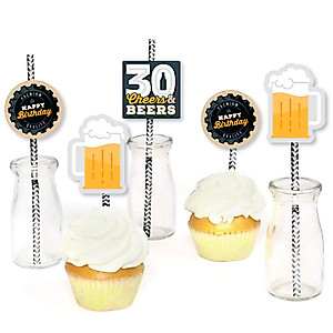Big Dot of Happiness Cheers and Beers to 30 Years - Paper Straw Decor - 30th Birthday Party Striped Decorative Straws - Set of 24
