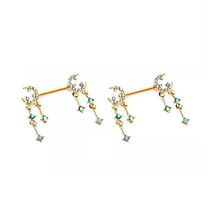 14GA 316L Stainless Steel Gemmed Crescent Moon and Star with Dangling Charms Nipple Barbells, Sold as a Pair (Gold Tone)