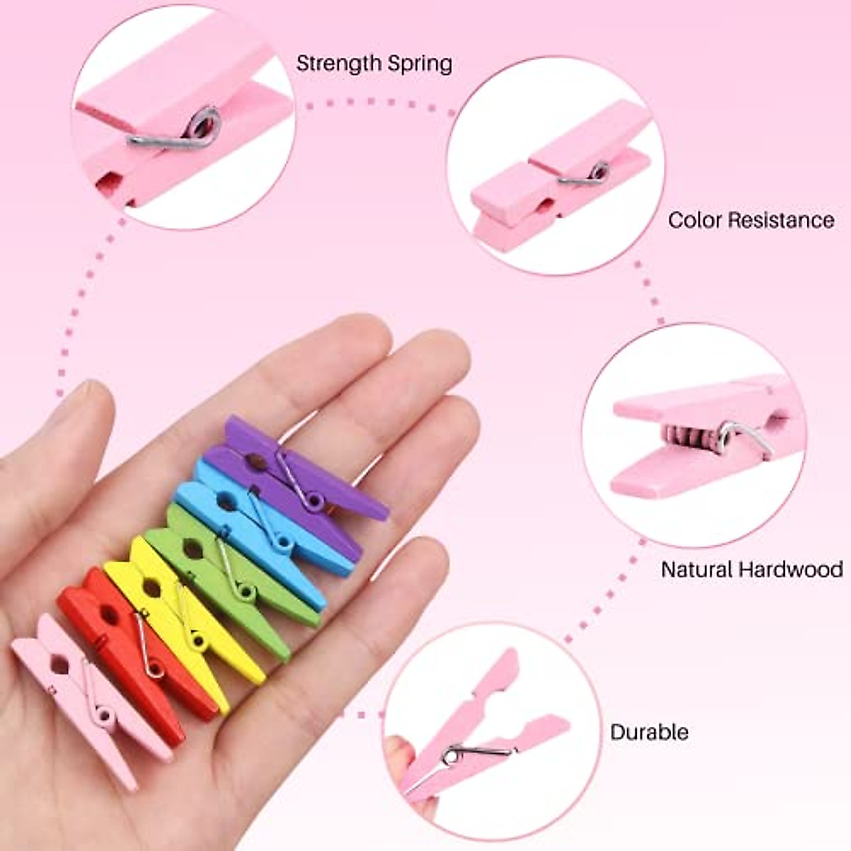 Colorful Clothespins, Mini Clothes Pins for Photo, 1.4'' 100 PCS Natural Birchwood Colored Clothespins, Strong Springs Mini Clothespins with Storage Bag,Mini Clothes Pins for Crafts, Pictures, Arts