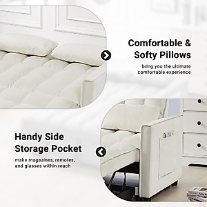 Skepphlay 3 in 1 Convertible Sofa Bed, Pull Out Couch, Loveseat Sleeper with Adjustable Backrest Chaise Lounge with 2 Pockets and 2 Pillows for Living Room Apartment, White
