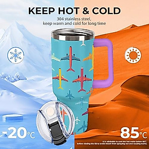 Colorful Airplanes Insulated Tumbler with Lid And Straw Stainless Steel Travel Coffee Mug 40oz Violet-style