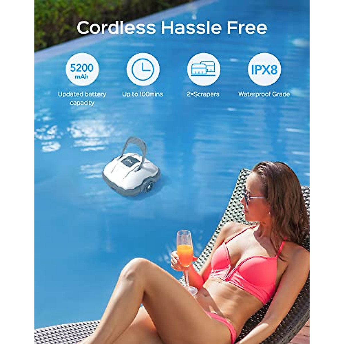 Upgraded - WYBOT Cordless Pool Vacuum, Robotic Pool Cleaner with Large Battery Up to 100Mins Runtime, Strong Suction, Pool Vacuum Robot for Above Ground Flat Bottomed Pools Up to 861 Sq.Ft-White