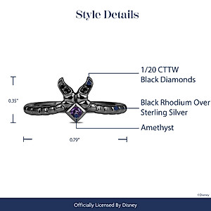 Jewelili Enchanted Disney Fine Jewelry Black Rhodium Over Sterling Silver 2MM Round Amethyst and Heat Treated Black Diamond Accent Maleficent Villain Ring Size 7