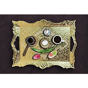 ChanceGift Turkish Tea Coffee Beverage Dinning Gold Serving Tray and Platters with Handled Ottoman Motif Decorative Middle Table Rectangular (16.1x11.6x1Inc) 40x29.5x2cm