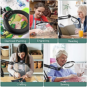 Veemagni 10X Magnifying Glass with Light, 5 Color Modes Stepless Dimmable, Adjustable Swing Arm LED Lighted Desk Lamp with Clamp, Hands Free Magnifier with Light and Stand for Craft Hobby Close Works