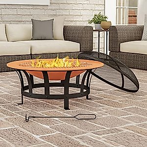 Pure Garden 50-LG1204 30” Outdoor Deep Fire Pit-Round Large Colored Steel Bowl, Mesh Spark Screen, Log Poker & Grilling Grate-Patio Wood Burning, Copper and Black