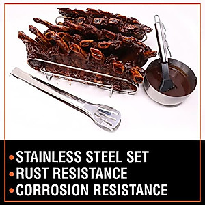 Large Rib Rack for Smoking - BBQ Rib Rack Gas Charcoal Smoker - Grilling Accessories - 304 Stainless Steel Roasting Stand With Tongs, Basting Brush Sauce Pan - Non Stick Grill Rack - Barbecue Rib Rack Holds 5 slab