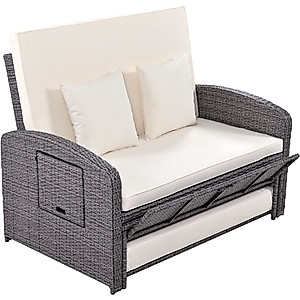 Brabrety Outdoor Rattan Double Chaise Lounge,2-Person Reclining Sunbed with 3-Height Adjustable Back, Furniture Protection Cover and A Footrest (White/Double*F)