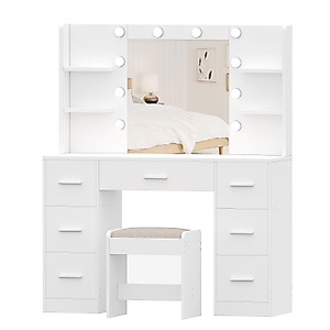 Irontar Vanity Table with Stool, Vanity Desk with 10 LED Lights & 7 Metal Sliding Drawers, Brightness Adjustable, Makeup Vanity with Open Shelves, Dressing Table Set for Women, White WDT005WD