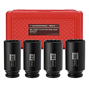 Mayouko 4PCS 1/2" Drive Deep Axle Nut Impact Socket Set, CR-MO, 12 Point Design, Metric, 30,32,34,36mm, 1/2 Inch Extra Deep Impact Socket