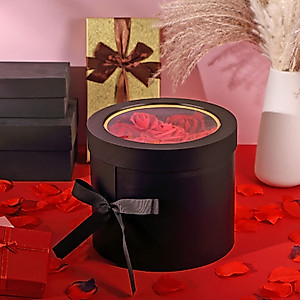 Outus Valentines Day Floral Boxes, Round Flower Boxes for Arrangements, 2 Tier Gift Boxes with Lids, Double Layer Rotating Bouquet Boxes with Paper Cards Raffia for Wedding Gift(Black)