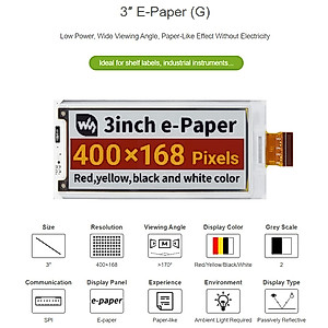 waveshare 3inch E-Paper (G) Raw Display Compatible with Raspberry Pi 4B/3B+/3B/2B/B+/A+/Zero/Zero W/WH/Zero 2W 400×168 Resolution SPI Interface Supports Jetson Nano