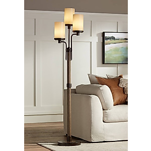Franklin Iron Works Astoria Rustic Farmhouse Industrial Standing Floor Lamp Tree 3-Light 71" Tall Bronze Faux Wood Faux Tea Alabaster Glass for Living Room Reading House Bedroom Home Office