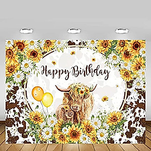 MEHOFOND 7x5ft Highland Cows Floral Birthday Backdrop Brown Cattles Happy Birthday Party Decorations Sunflowers Farm Cow Photography Background for Girls Cake Table Banner Supplies