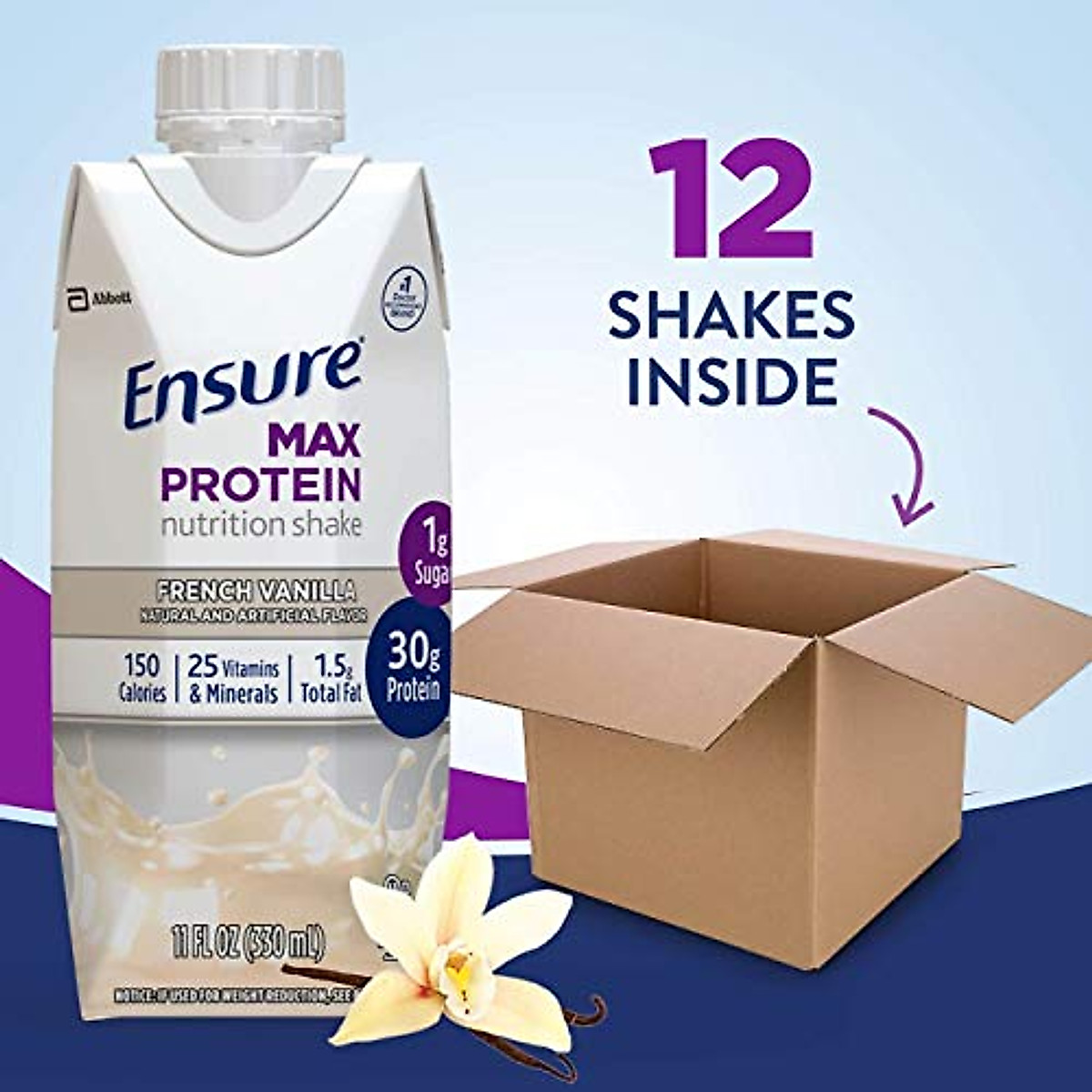 Ensure Max Protein Nutrition Shake with 30g of Protein, 1g of Sugar, High Protein Shake, French Vanilla, 11 fl oz (Pack of 12)