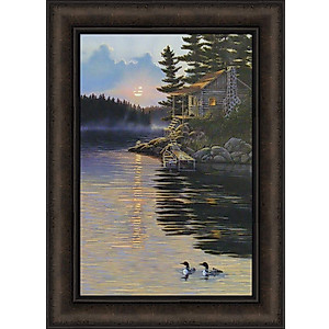 Day's End by Rick Kelley 16x22 Cabin Loons Lake Sunset Framed Art Print Wall Décor Picture