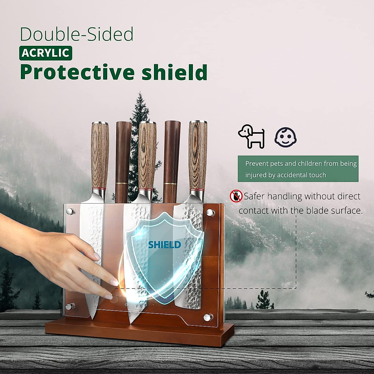 TOMBRO Magnetic Knife Holder with Acrylic Shield-Double Sided Magnetic Knife Block without Knives for Kitchen Wooden Magnetic Knife Rack Multifunctional Storage Knife Holder for Knives Display,Storage