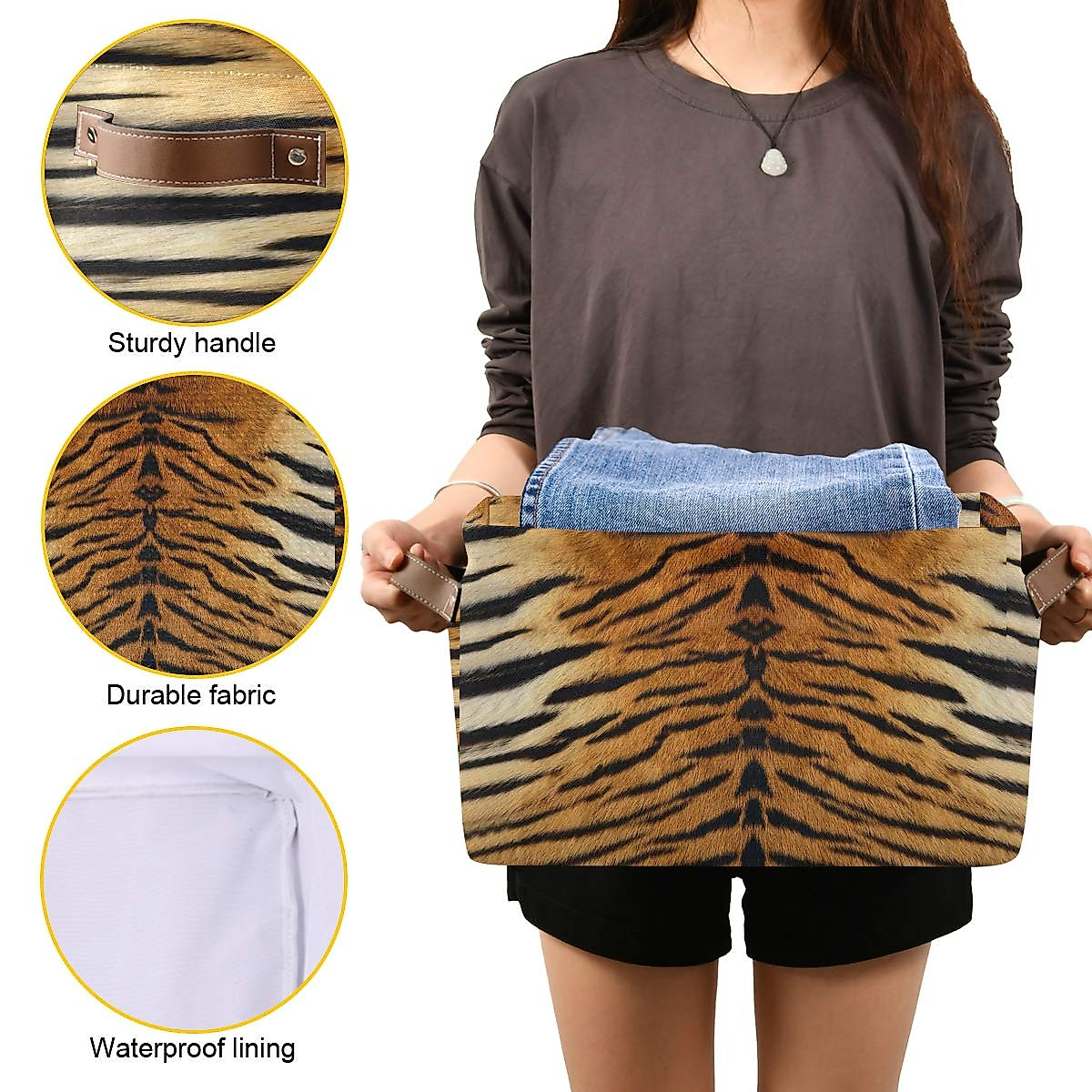 Animal Tiger Leopard Print Storage Basket Bin Large Fabric Toys Storage Cube Box with Handles Collapsible Closet Shelf Cloth Organizer Basket for Nursery Bedroom