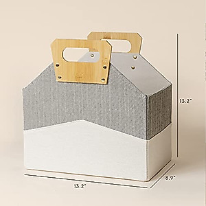 LA JOLIE MUSE Modern Magazine Rack Basket, Urban Style Book Holder Floor, Chic Tweed Fabric Storage Organizer with Bamboo Handles, Light Gray & White Color