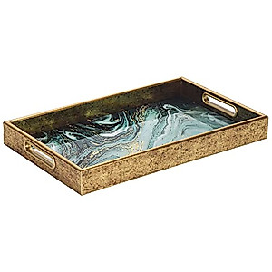 Decorative Coffee Table Tray, 15.7" x 9.8" Rectangle Breakfast Serving Tray with Handles, Unique Printed Glass Trays for Coffee Table, Ottoman(White and Green)