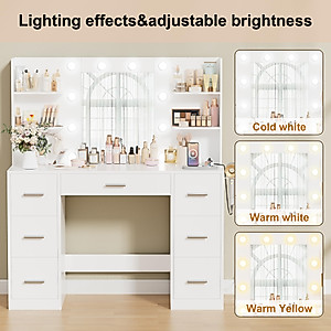 Acurax Vanity Desk with Mirror and 10 Lights, Makeup Table with 7 Drawers and Open Shelves, 3 Color Modes and Adjustable Brightness, Power Outlet for Bedroom, White