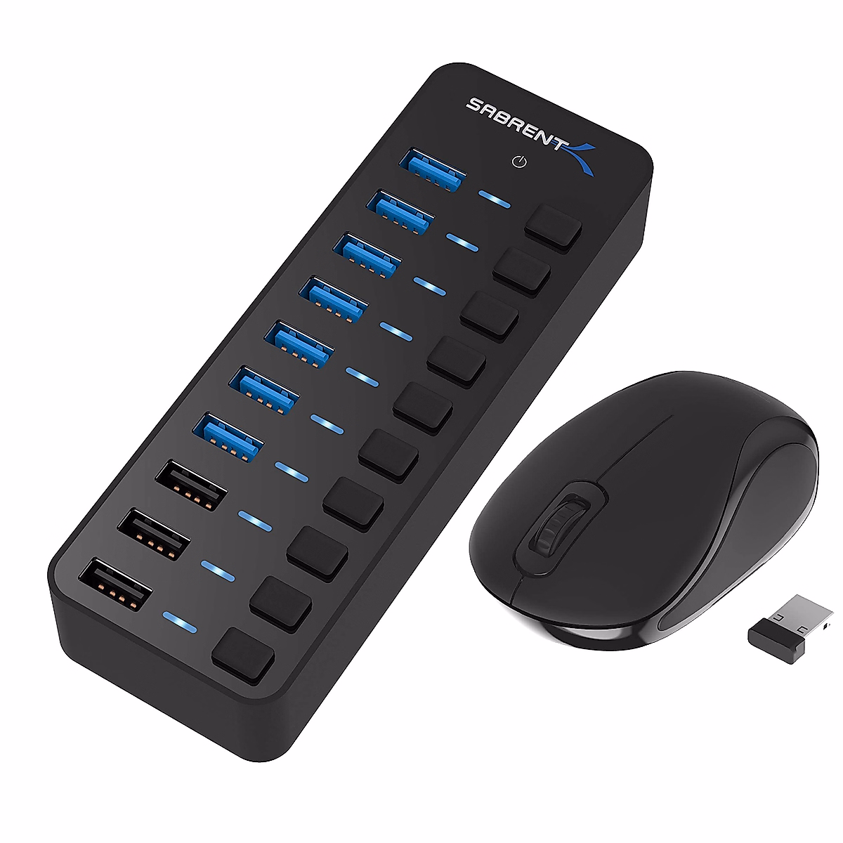 Sabrent 60W 10-Port USB 3.0 Hub + Mini Travel 2.4GHz Wireless Mouse with Nano Receiver
