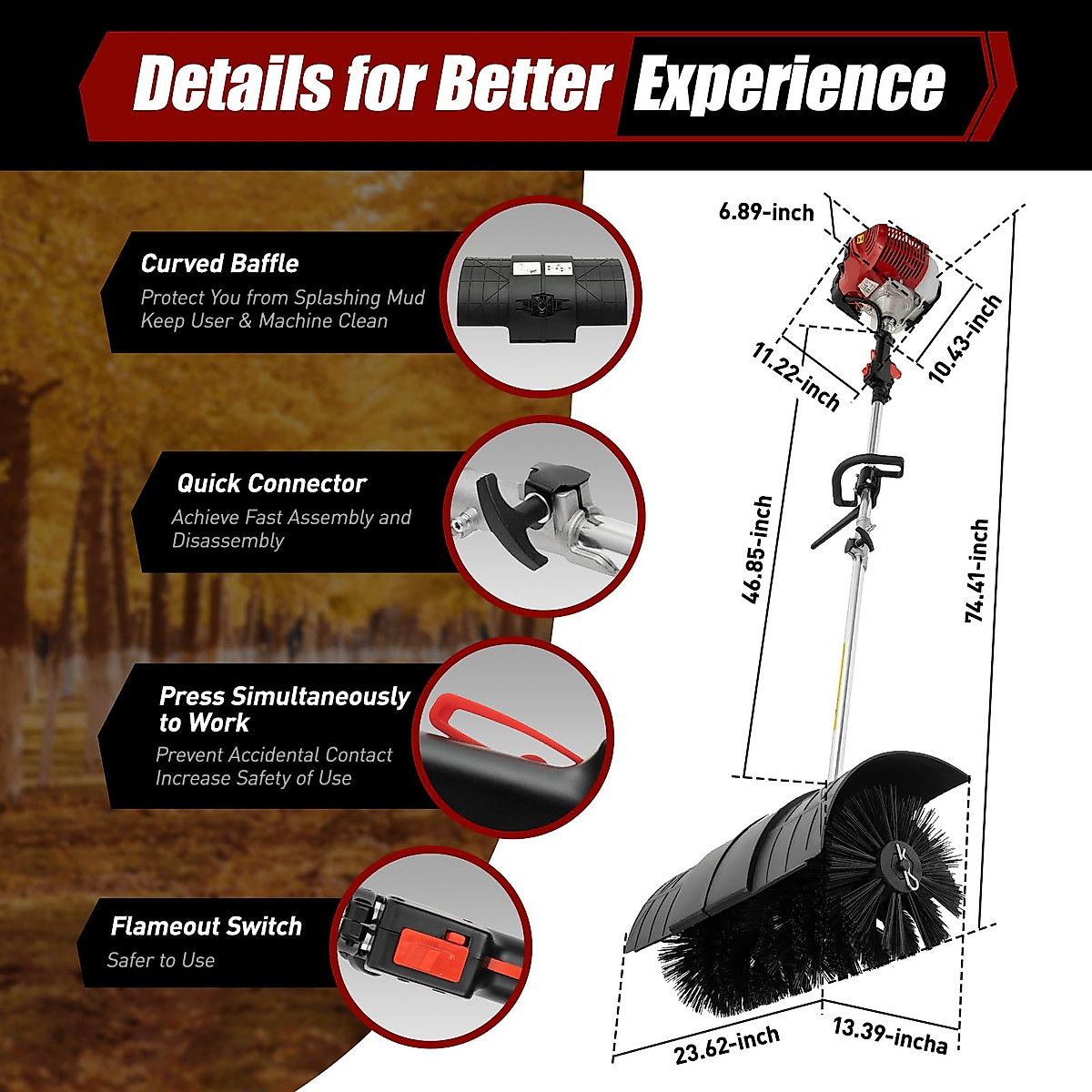 2-Stroke 52CC Handheld Sweeper Engine Power Sweeping Broom Artificial Grass Brush Power Broom Powerful Brush Lawn Sweeper 23" Brush Head Length Cleaner Tools