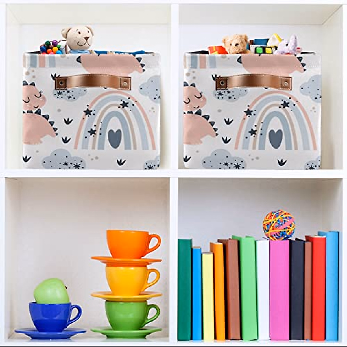 Pink Dinosaur Storage Basket Set of 2 Large Fabric Rainbow Storage Basket Bins Box Cube with Handles Collapsible Closet Shelf Clothes Organizer Basket for Nursery Bedroom