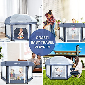 Baby Playpen Foldable Indoor & Outdoor, Onasti Play Yard with Children's Soft Mat, Compact Fence Packable Dome UV Protection, Suitable for Travel/Beach/Picnic Activity Center (Hexagon)