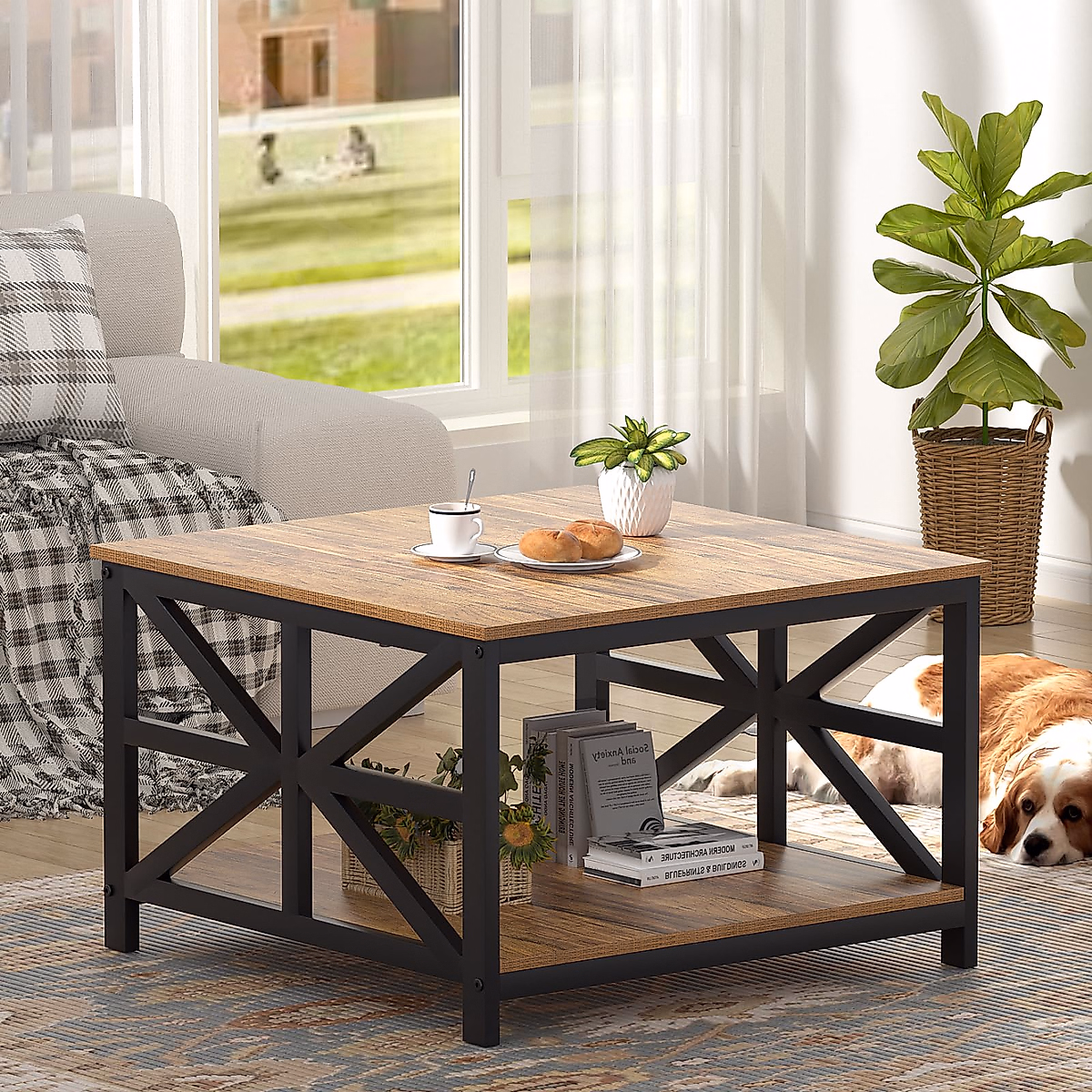 GreenForest Coffee Table with Storage, 27.6 inch Square Coffee Table, Seamless One-Piece Tabletop Design, Small Coffee Tables for Living Room, Farmhouse Sofa Table, Rustic Center Table, Walnut