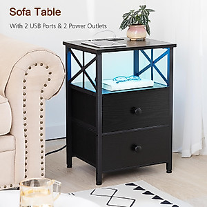 AMHANCIBLE Nightstand with Fast Charging Station, End Tables Living Room with USB Charger 3-Port & 2-Power Outlet, Bedside Table with Fabric Drawers for Bedroom HET052LBK1