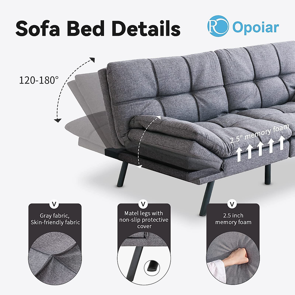 Opoiar Futon Sofa Bed Grey Fabric Memory Foam Leather Futon Split Seat,Modern Sleeper Sofa Love Seat，Folding Modern Sleeper Sofa for Small Space/Drom/Office/Apartment