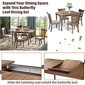 Giantex 5-Piece Dining Table Set, Solid Rubber Wood Farmhouse Kitchen Table Set w/Extendable Rectangular Table & 4 Upholstered Chairs, Kitchen Table and Chairs Set Dinette Set for 4-6 Persons