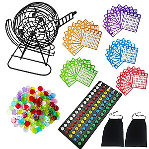SEETOOOGAMES Deluxe Bingo Game Set - 8 Inch Metal Cage, 50 Paper Cards, 600 Colorful Clear Chips, Bingo Balls and Plastic Master Board, Great for Adults Large Groups, Familiy Games Nights Parties