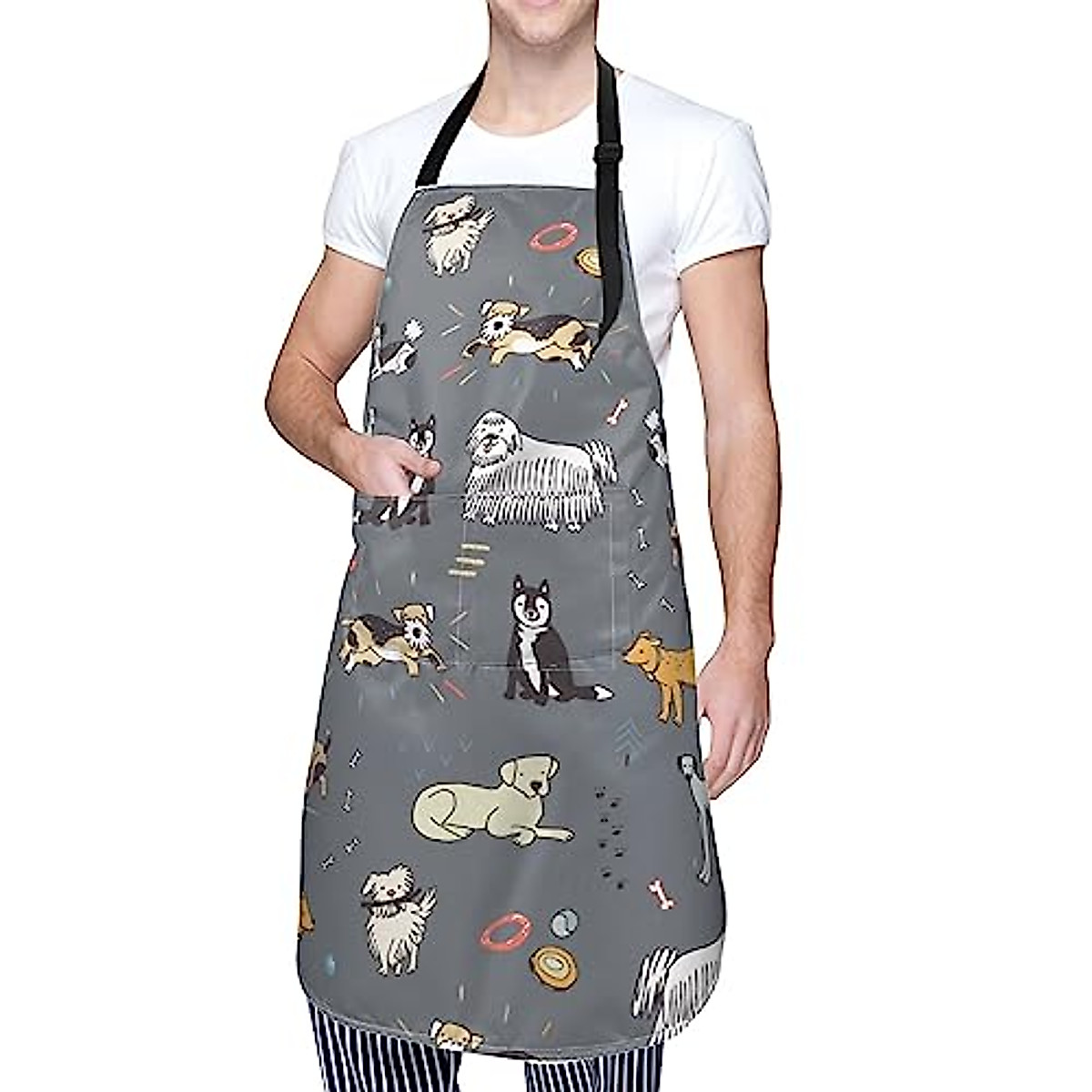 Perinsto Cute Dogs Animal (Dark Grey) Waterproof Apron With 2 Pockets Kitchen Chef Aprons Bibs For Cooking Baking Painting Gardening Grooming