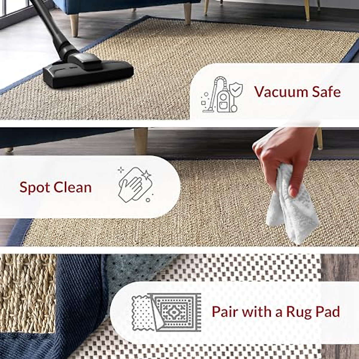 nuLOOM 8x10 Elijah Seagrass Area Rug, Navy, Solid Farmhouse Style, Cotton Bordered, Basketweave, Natural Fiber, For Bedroom, Dining Room, Living Room, Hallway, Office, Kitchen, Entryway