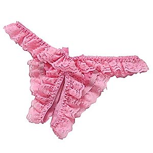 Toxz Sexy Lace Bow Thong G-String T-Back Panty Open Side Women Underwear,Floral Lace Satin Embroidered Crotchless,Black,Plunging Eyelash
