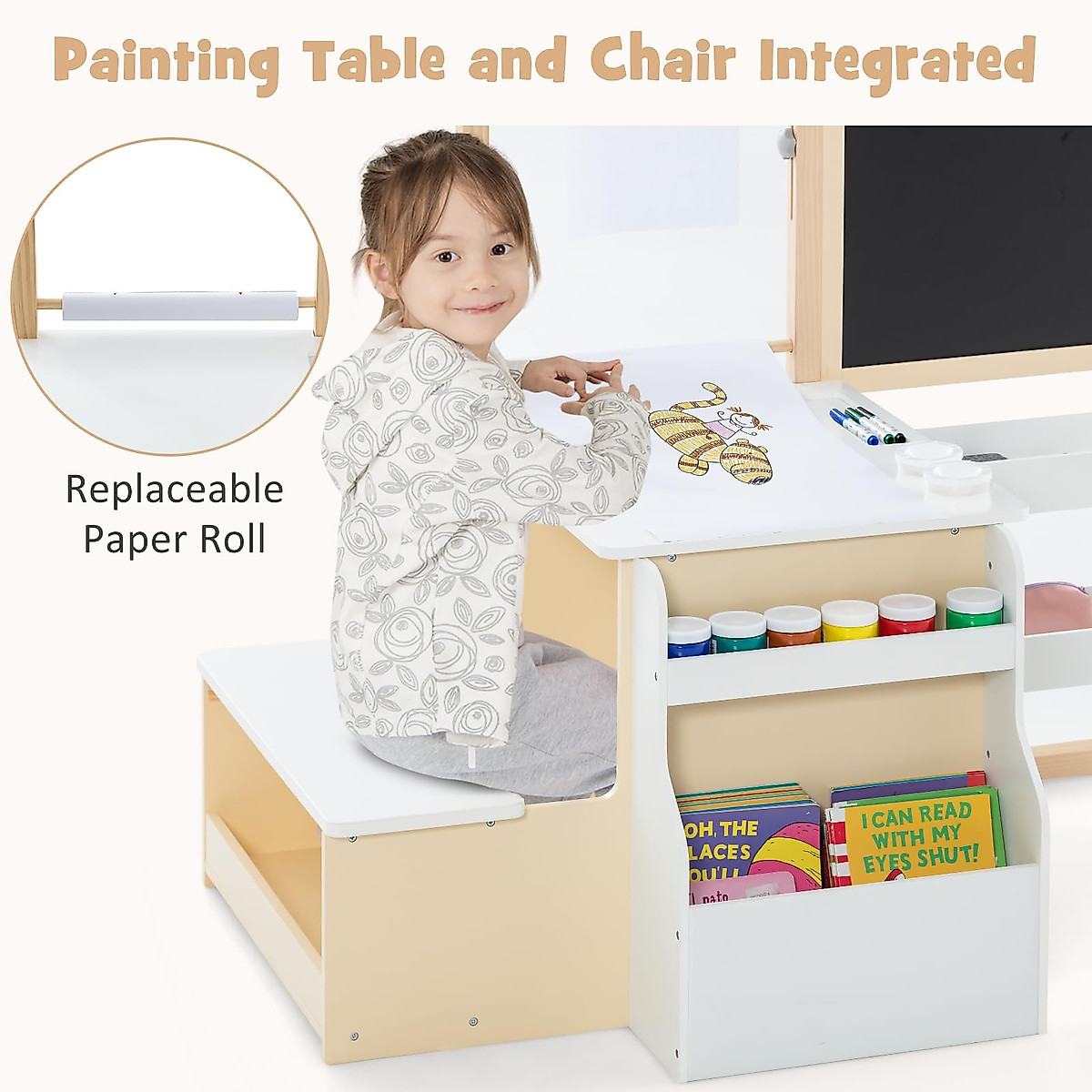INFANS 3 in 1 Kids Art Table and Chair Set, Toddler Craft and Play Wood Activity Desk with Double-Sided Easel Blackboard Whiteboard, Paper Roll for Writing, Children Furniture for Daycare Nursery