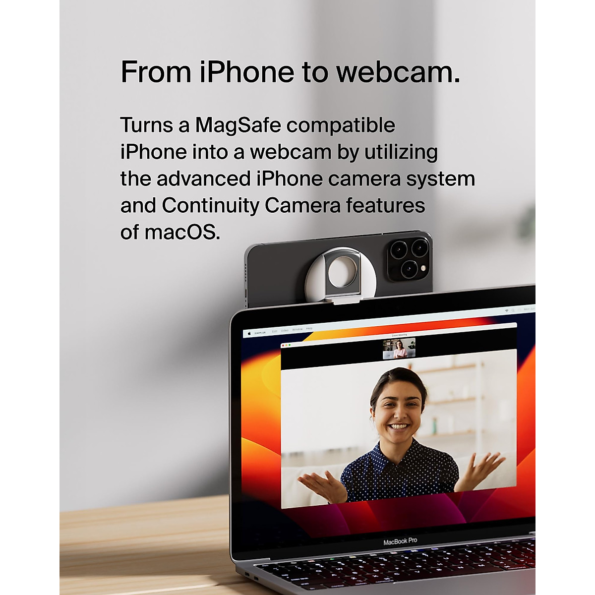 Belkin iPhone MagSafe Camera Mount for MacBook, iPhone Continuity Camera Mount, Turn iPhone to Webcam, Compatible with MacBook Pro, Air, iPhone 15, iPhone 14, iPhone 13, iPhone 12 - White