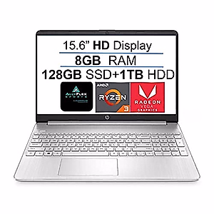 Newest HP 15 15.6" HD Display Laptop Computer, AMD Ryzen 3 3250U(up to 3.5GHz, Beat i3-8130U), 8GB DDR4 RAM, 128GB SSD+1TB HDD, WiFi, Bluetooth, HDMI, Webcam, Remote Work, Win 10 S, AllyFlex MP