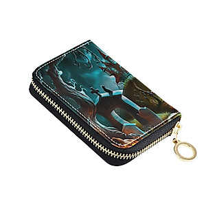 Halloween Night Mystery Graveyard Grey Credit Card Coin wallet, RFID Blocking Compact Women Leather Card Holder, Key Change Organizer, Zipper Purse Clutch Pouch Pocket