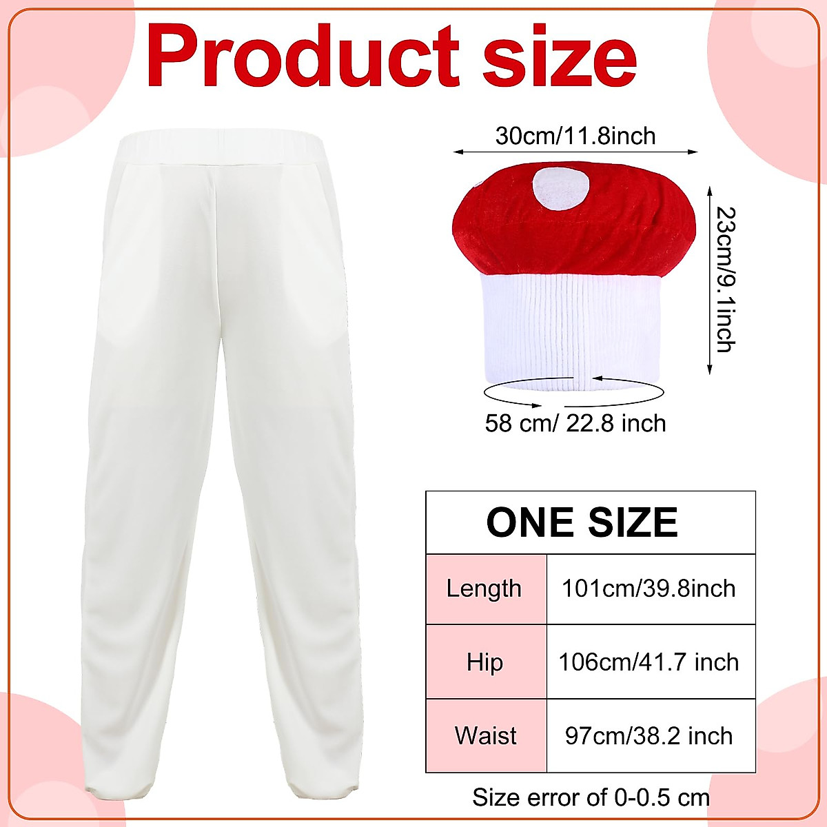 Suhine 2 Pcs Boys Deluxe Costume Accessory Set Red and White Spotted Mushroom Hat White Pants Brothers Mushroom Costume Outfits for Halloween Brother Game Character Dress up Supply