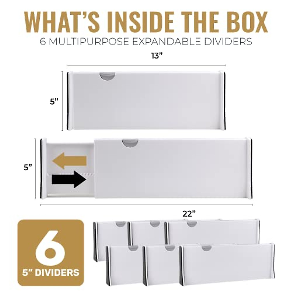 RAPTUROUS Adjustable Drawer Dividers 6 Pack, 5" Tall, 13-22" Long, Deep Dresser Drawer Divider for Bedroom, Closet, Kitchen, Nursery Organization, Strong & Sturdy Hold, Soft Foam Edges（White）