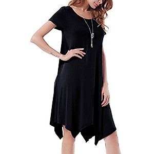 Invug Women Casual Loose Soft Crewneck Short Sleeve Pockets Swing T-Shirt Zigzag Hem Dress Black L
