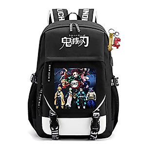 jupkem Anime Demon Backpack Bag USB with Charging Port Student School Bag Laptop Cosplay for Boys Girls (Black, One Size)