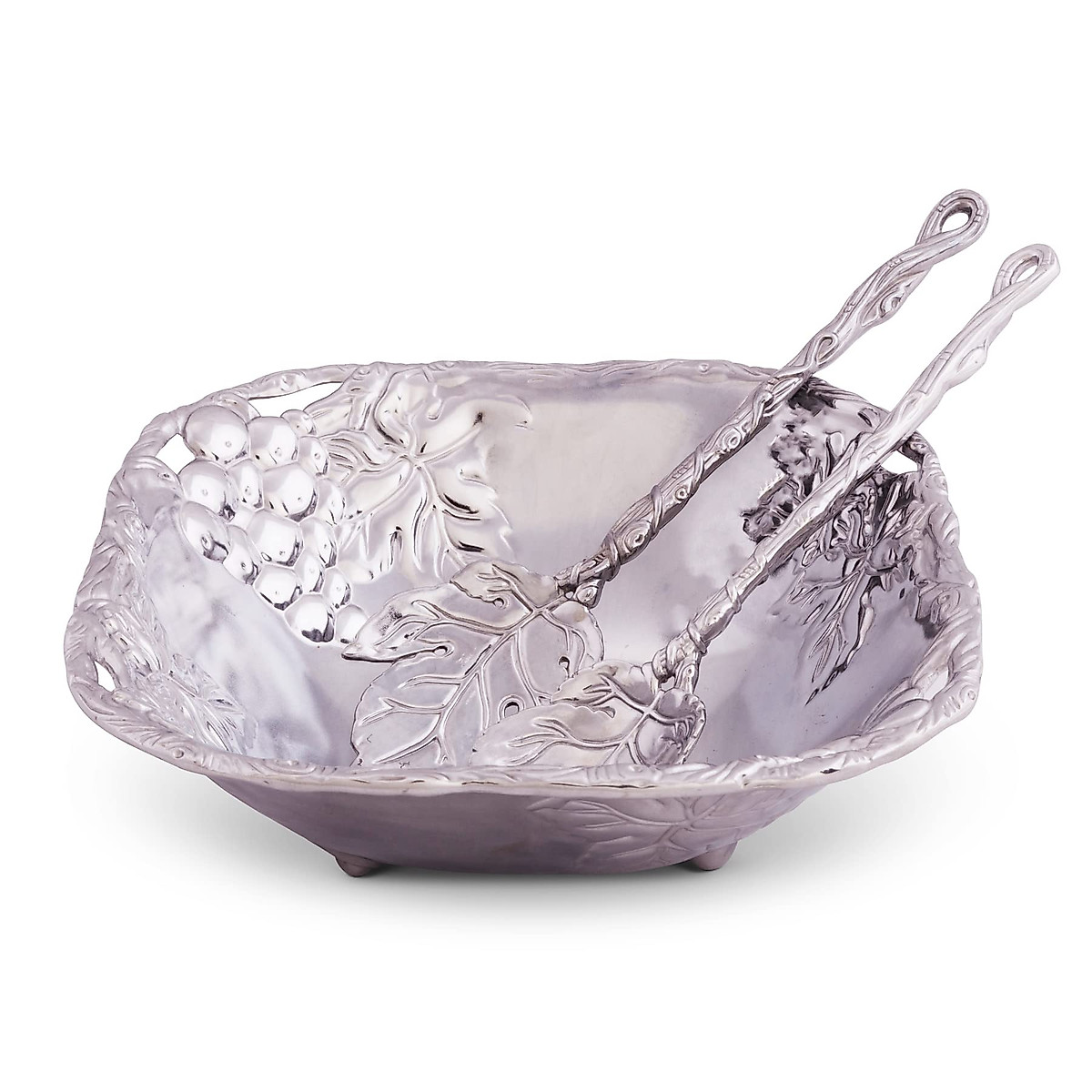 Arthur Court Designs Metal 3-Pc Grape Salad Set Bowl and Server in Grape Pattern Sand Casted in Aluminum with Artisan Quality Hand Polished Design Tarnish-Free 9.5 Inch Diameter
