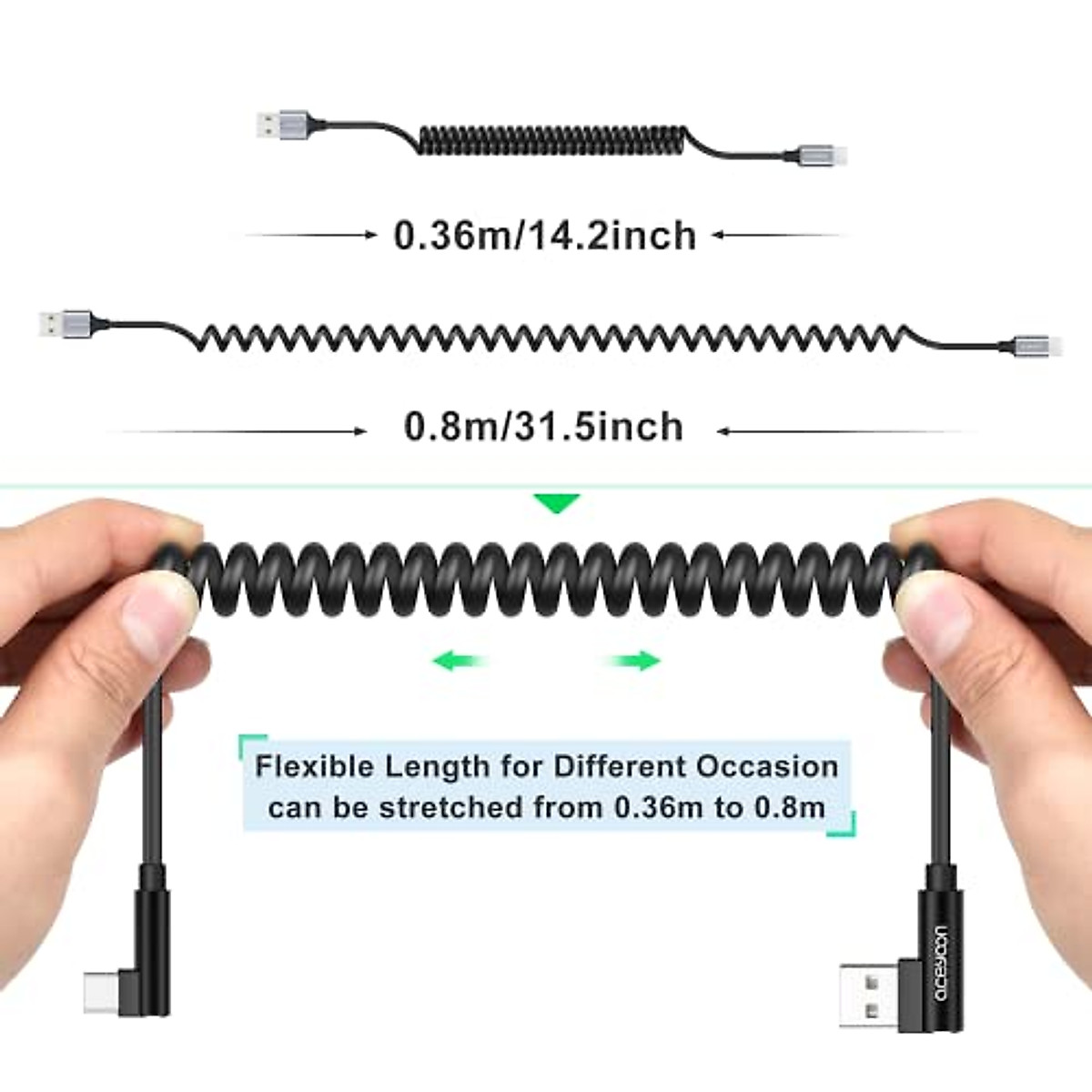 aceyoon [1-2.5ft] USB to USB C Cable, Type C Fast Charging Cable QC 3.0, Coiled Retractable 90 Degree Right Angled, Short Android Auto USB C Charging Cable, (3A 60W)