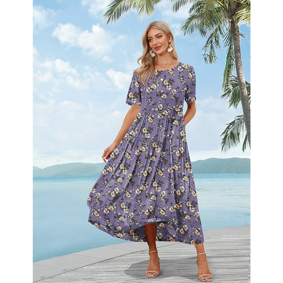 YESNO Women Casual Loose Bohemian Floral Dress with Pockets Short Sleeve Long Maxi Summer Beach Swing Dress 2XL EJF CR08 Purple