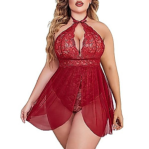 Avidlove Plus Size Lingerie for Valentines Women Lace Babydoll Chemise Nightgown Mesh Nightwear Side Slit Nightie L~4XL (Wine Red, XXX-Large)